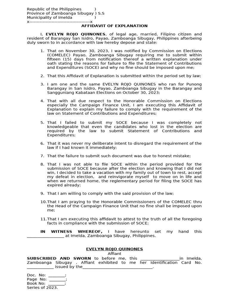 Affidavit of Explanation Soce | PDF | Affidavit | Commission On ...