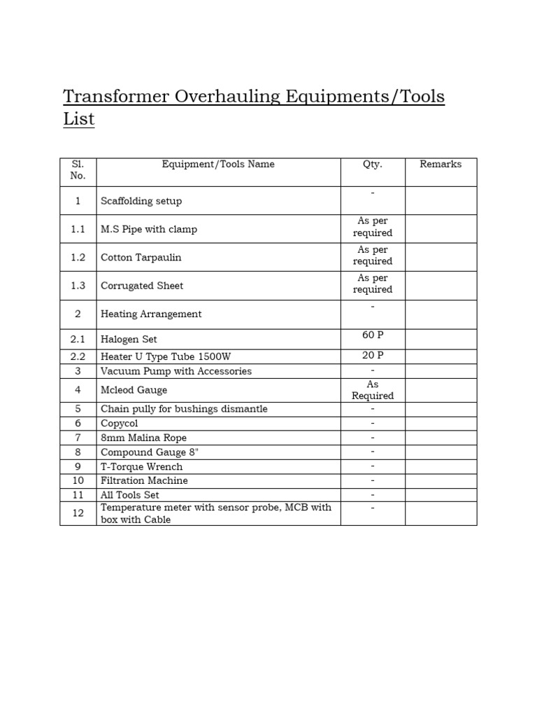 Transformer Overhauling Tools List | PDF