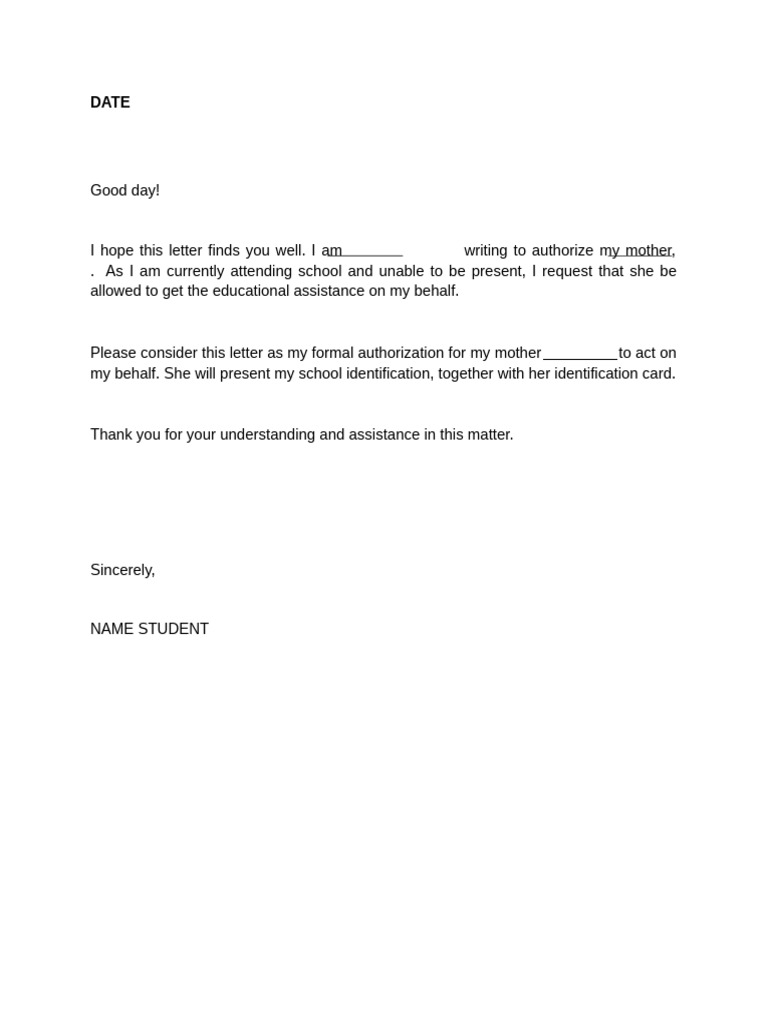 Authorization Letter for Educational Aid | PDF