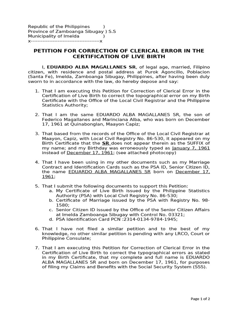 PETITION FOR CORRECTION OF ENTRY | PDF | Civil Law (Common Law ...