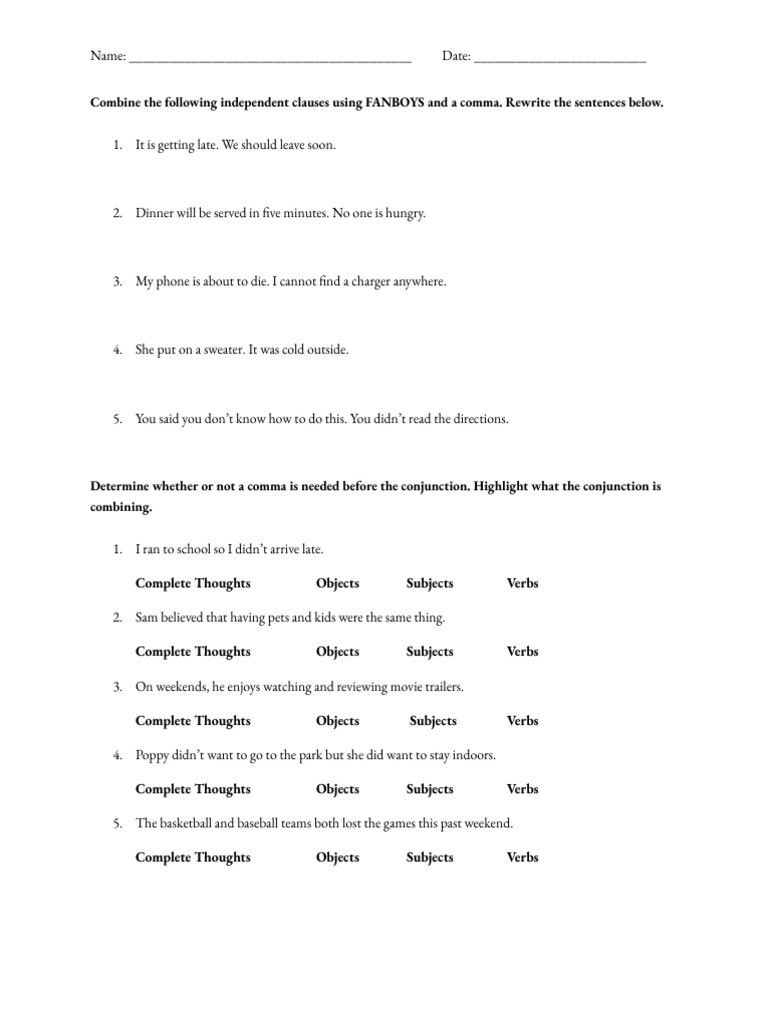 Conjunctions Practice Homework Worksheet | PDF | Syntactic Relationships | Semantic Units