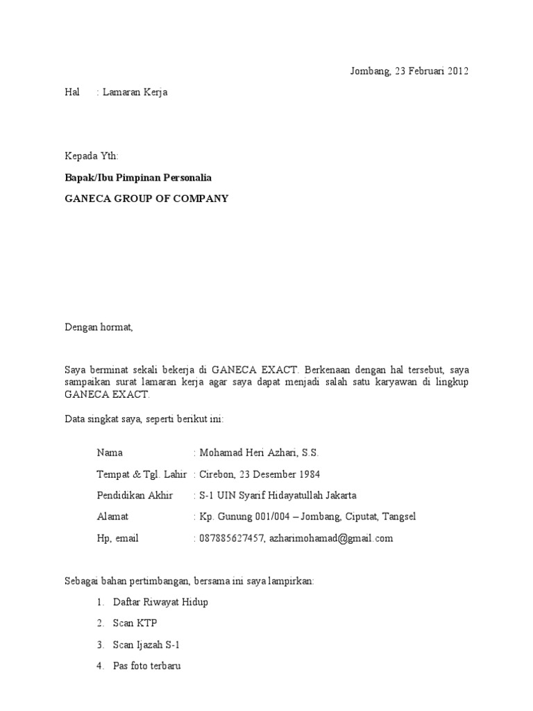 Surat Lamaran Kerja Ganeca Group of Company | PDF | Karier & Perkembangan