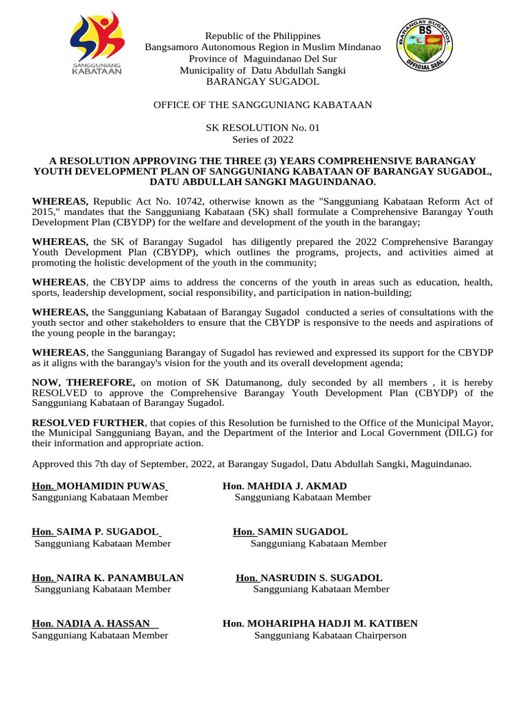 Sugadol SK Reso Approving Cbydp | PDF | Philippines | Government