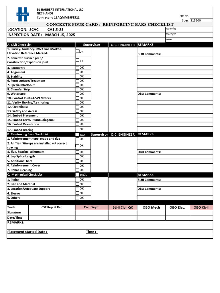 Concrete Pour & Reinforcement Checklist | PDF | Concrete | Civil ...