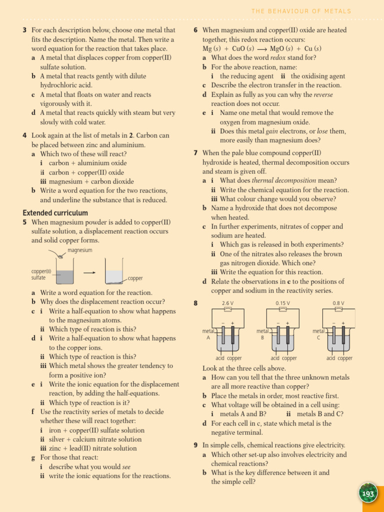 Metals Reactivity Questions | PDF | Redox | Chemical Reactions