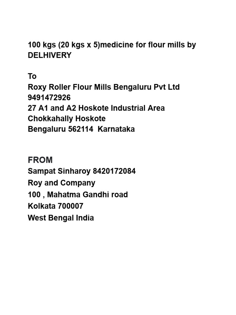 Roxy Roller Flour Mills Bengaluru PVT LTD | PDF