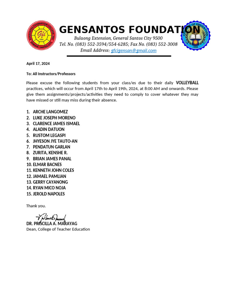 EXCUSE LETTER VOLLEYBALL Men | PDF