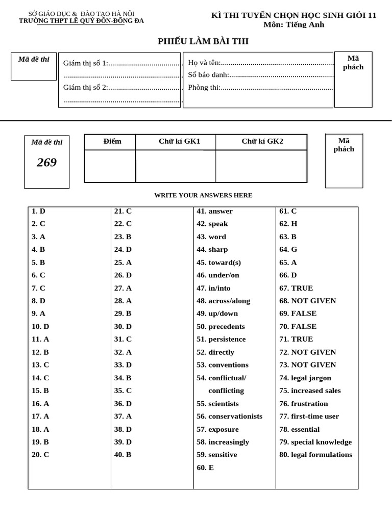 Phieu TR L I Tieng Anh - Mã 269 | PDF