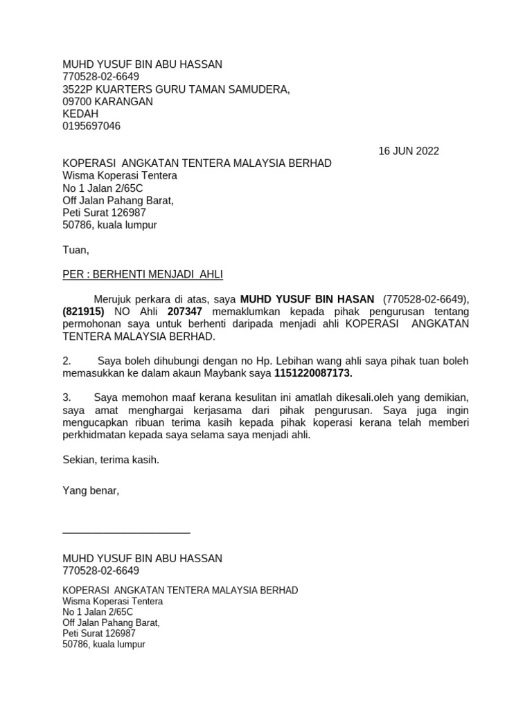 Surat Berhenti Koperasi | PDF