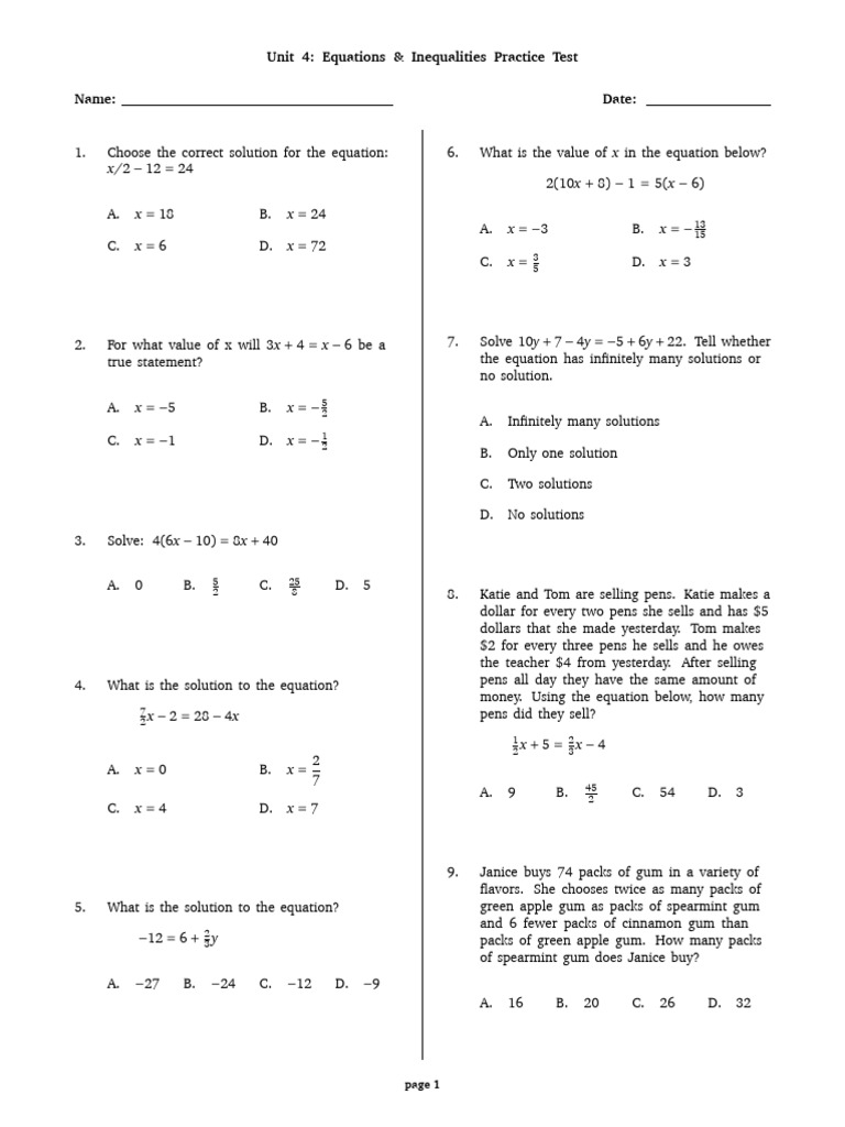 Equations & Inequalities Practice Test | PDF
