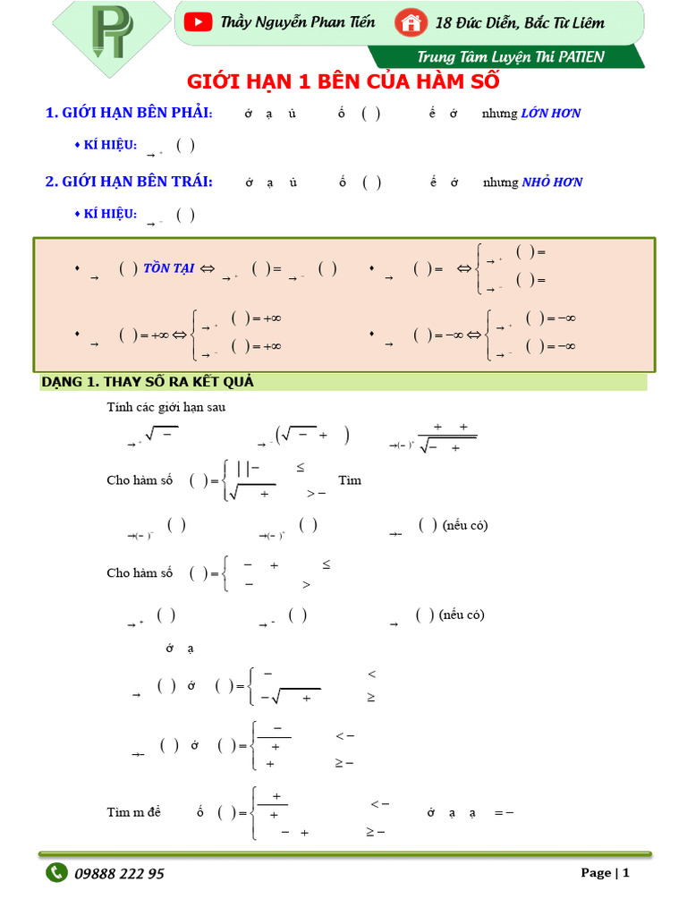 BTVN - Giới Hạn 1 Bên của Hàm Số (Lời giải + Đáp án) | PDF