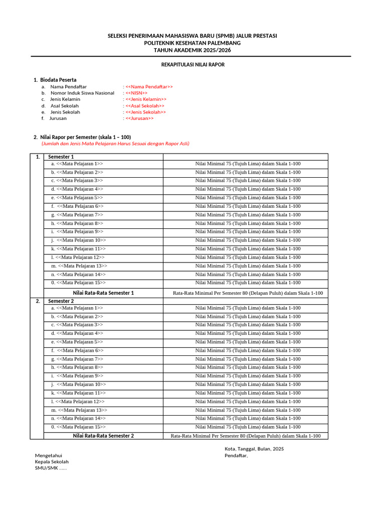Template Rekap Nilai Rapor Jalur Prestasi | PDF