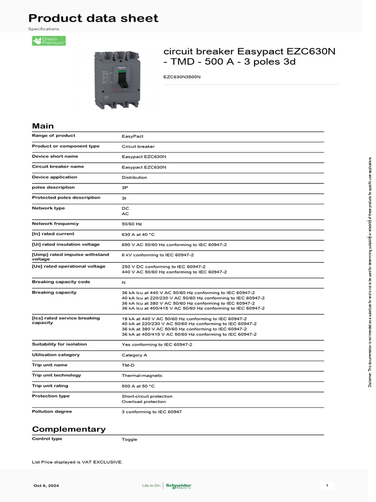 Easypact EZC630N Circuit Breaker 630A | PDF | Alternating Current ...