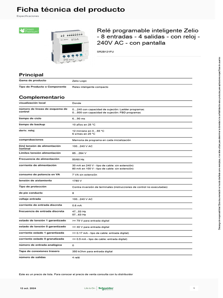 Schneider Electric Zelio-Logic SR2B121FU | PDF | Relé