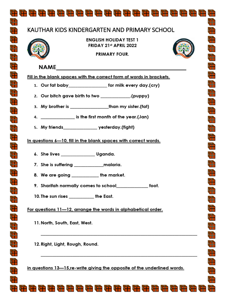 English P.4 English Holiday Test 1 | PDF | Ellipsis | Typographical Symbols