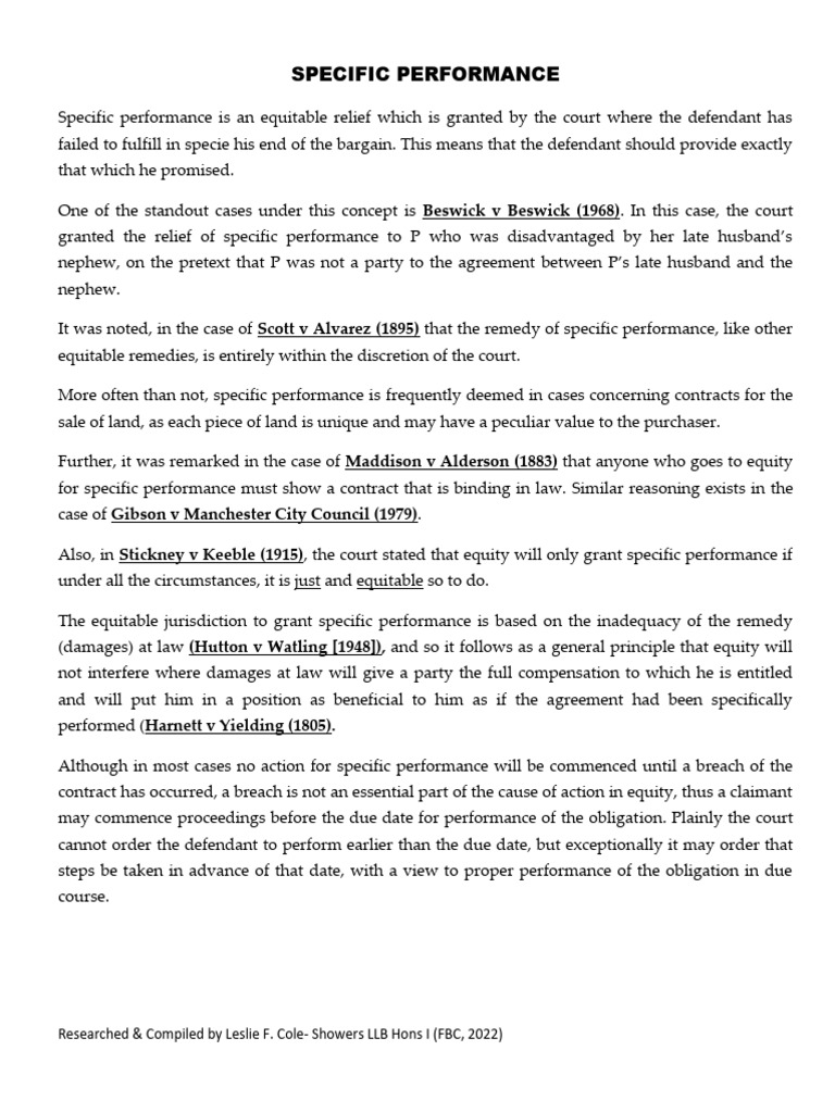 SPECIFIC PERFORMANCE (Note) | PDF | Specific Performance | Legal Remedy