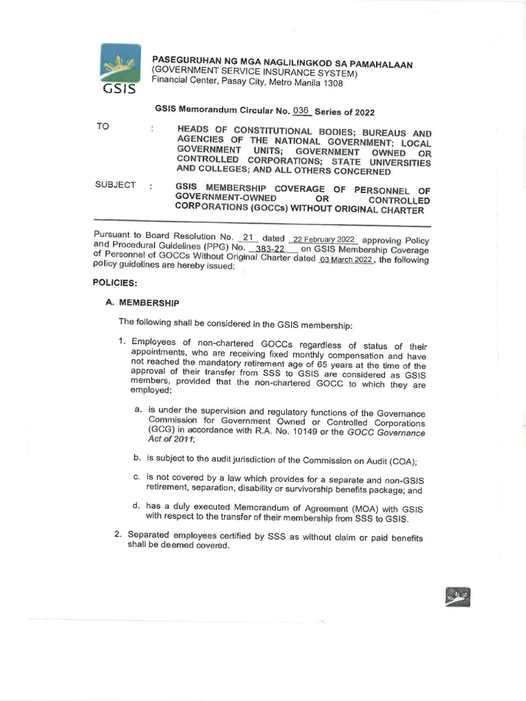 GSIS MC No. 036 S. 2022 | PDF