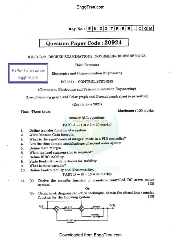 EC3351 Control Systems Nov Dec 2023 Question Paper | PDF