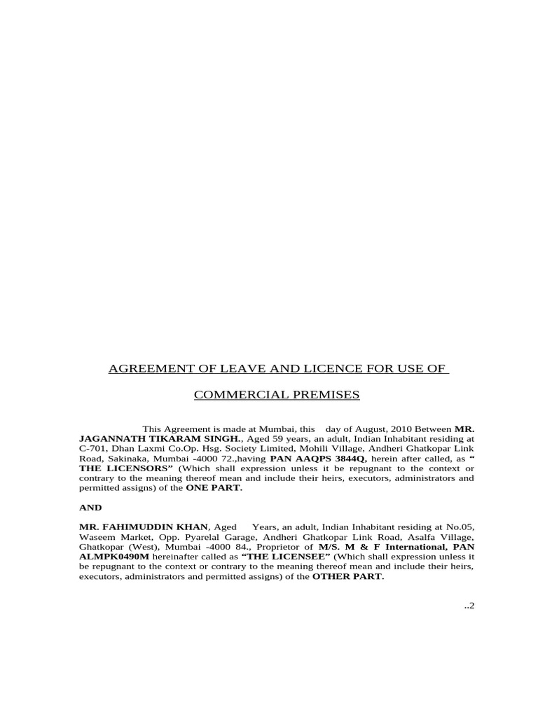 Agreement of Leave and Licence Jagannath Singh | PDF | License | Landlord