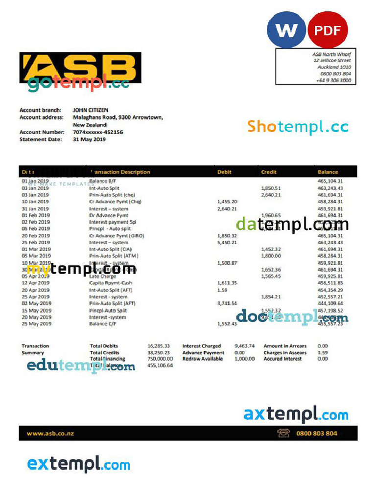 Doctempl - New Zealand ASB Bank Statement Template Word and PDF | PDF