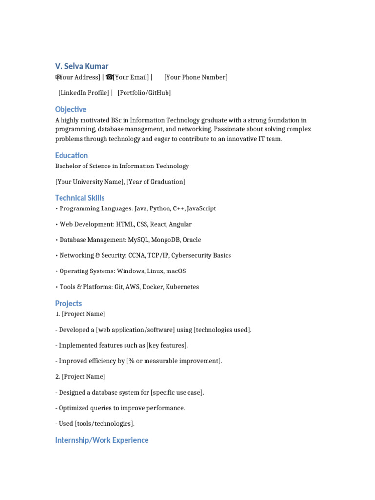 BSc IT Fresher Resume Sample | PDF
