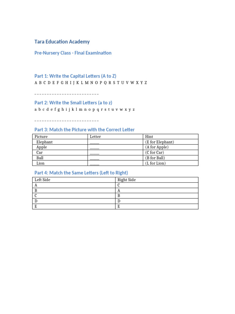 Tara Academy Pre-Nursery Exam Guide | PDF