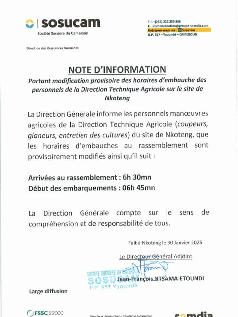 Note D'information Portant Modification Des Horaires D'embauches Des ...