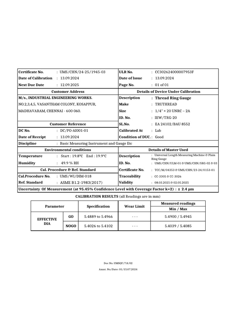 Thread Ring Gauge - TRG 0.250 - IEW-TRG-20 - 240913-250912 | PDF | Calibration | Physical Quantities