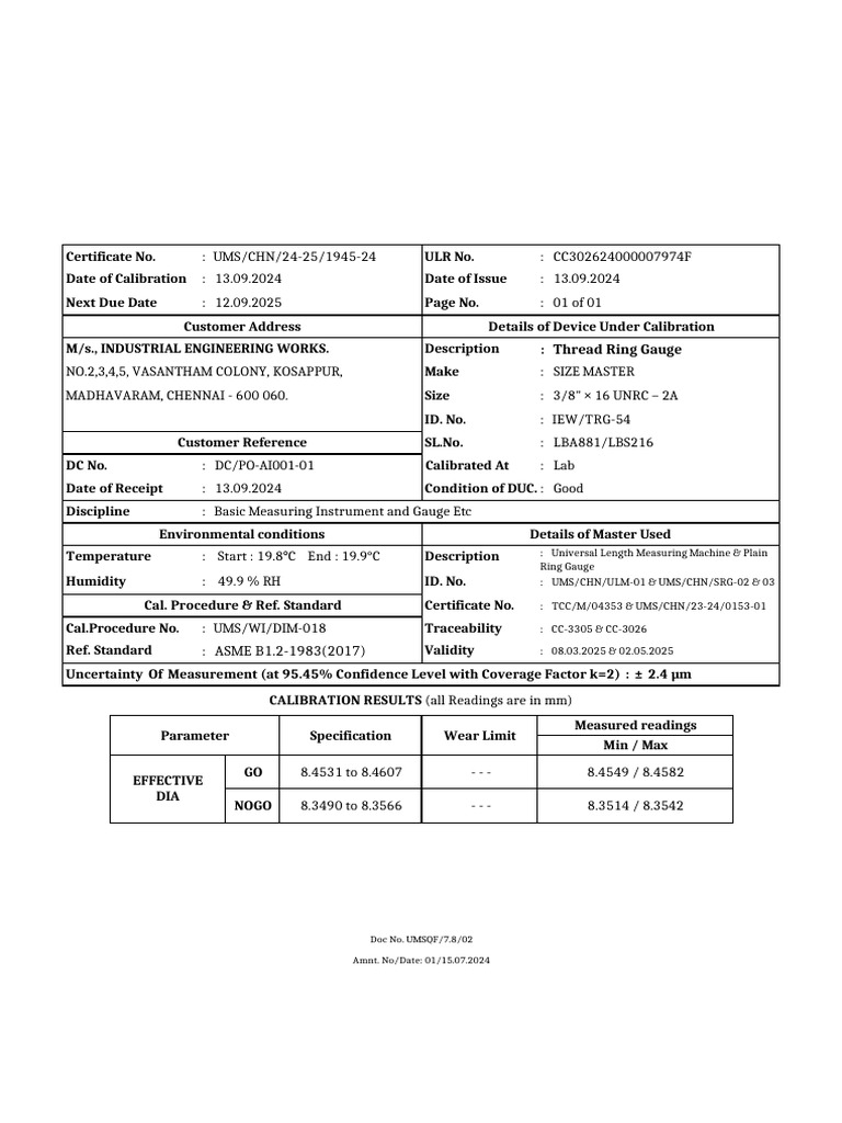 Thread Ring Gauge - TRG 0.375 - IEW-TRG-54 - 240913-250912 | PDF | Calibration | Physical Quantities