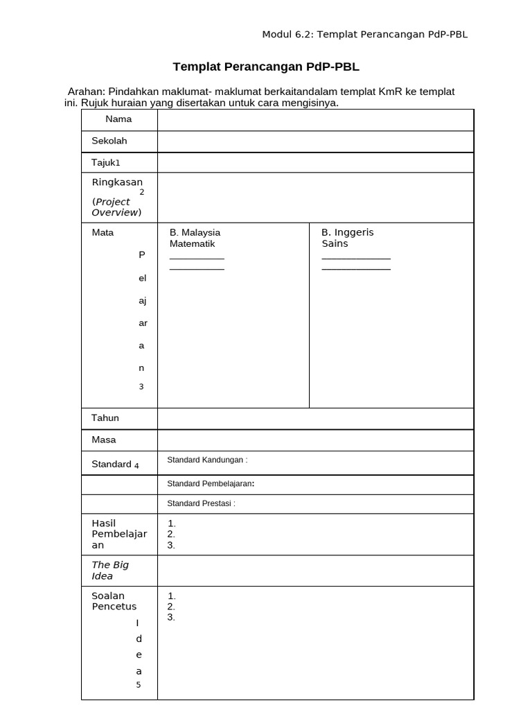 Modul 6.2 - Aktiviti 3 - Templat Perancangan PDP-PBL | PDF
