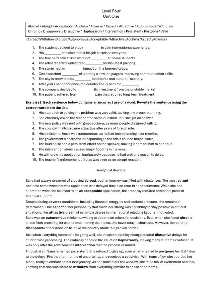 Level Four Vocabulary Unit 1-2 | PDF