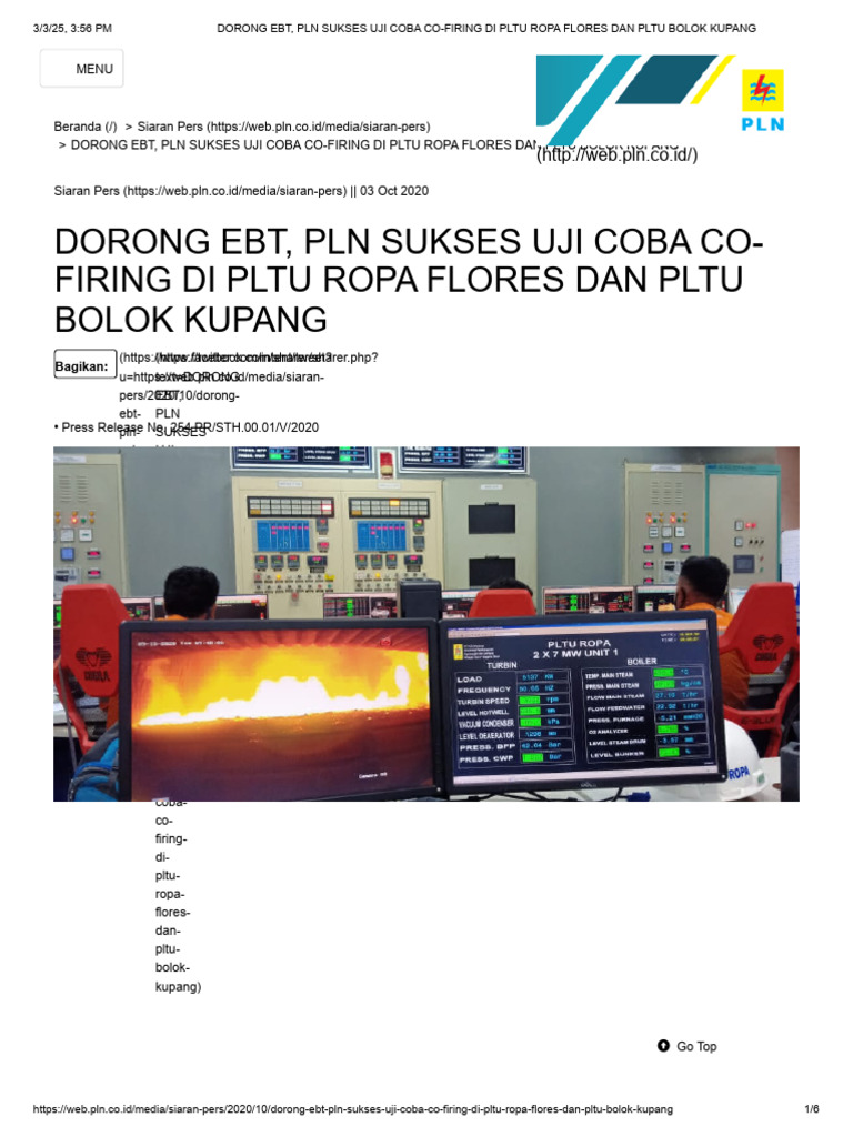(2020-03-Oct) DORONG EBT, PLN SUKSES UJI COBA CO-FIRING DI PLTU ROPA ...