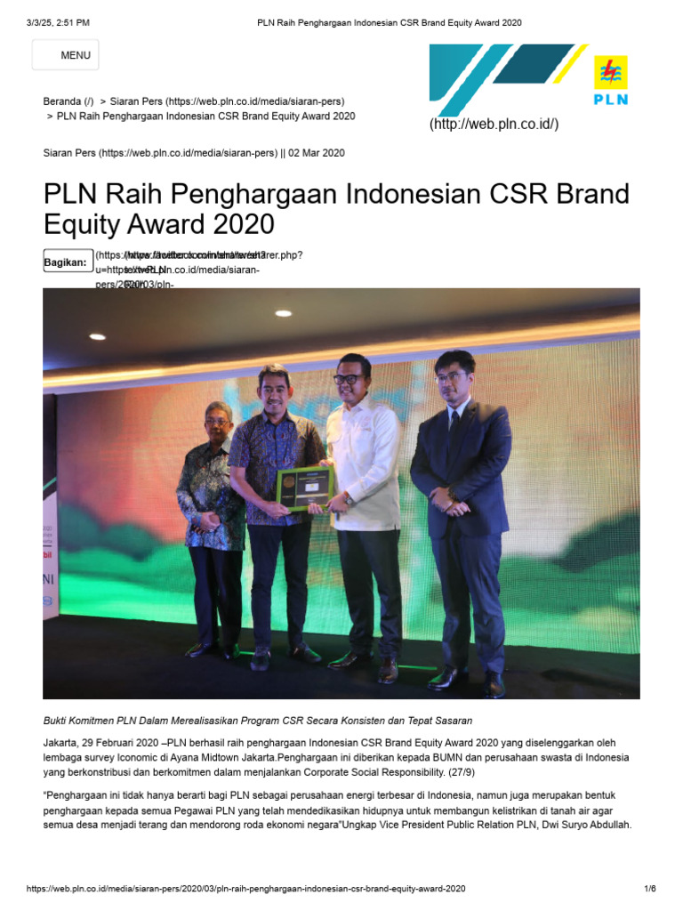 (2020-2-Mar) PLN Raih Penghargaan Indonesian CSR Brand Equity Award ...