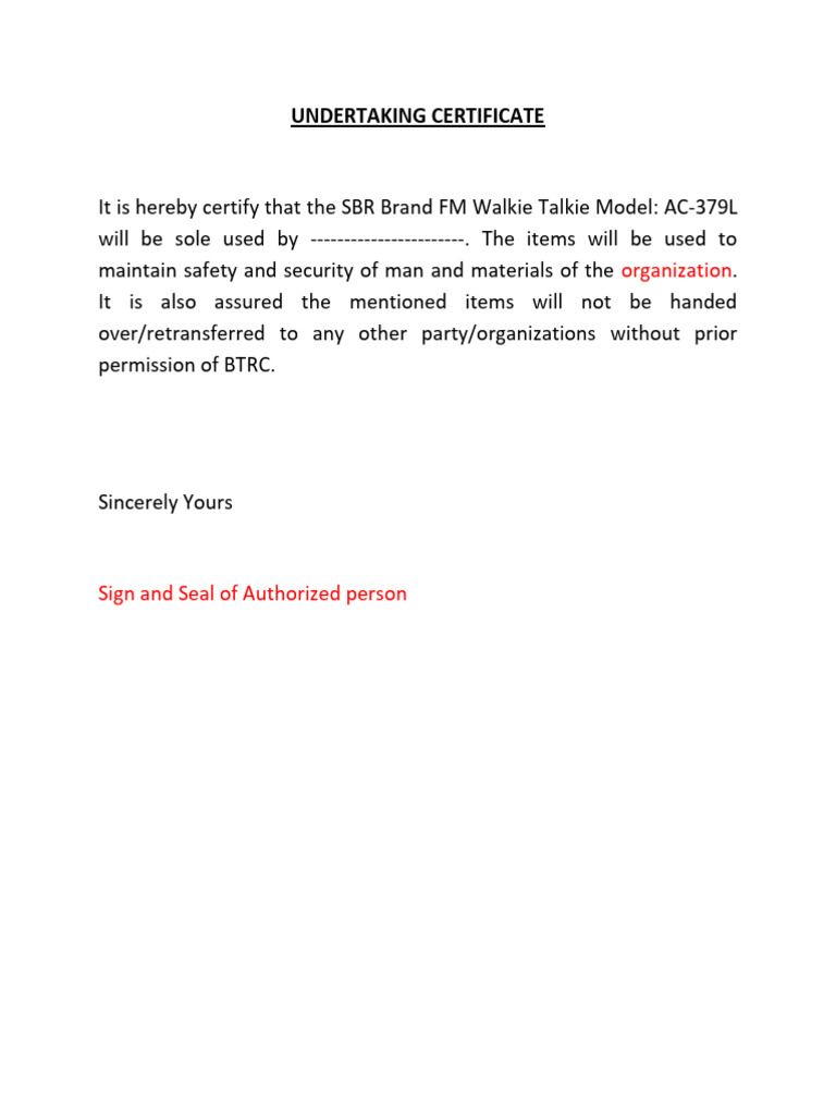 Undertaking Certificate | PDF