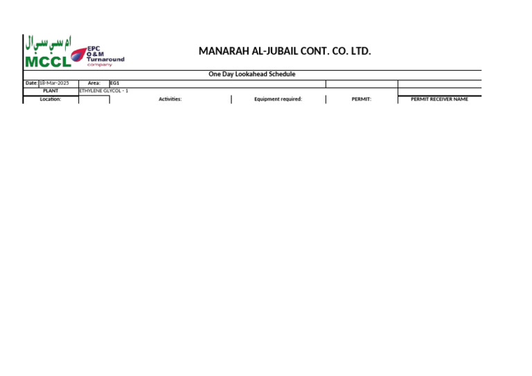 One Day Lookahead - MCCL- CFC PHSEOUT EX-PROOF HVAC - 18 MARCH 2025 - EG1 | PDF