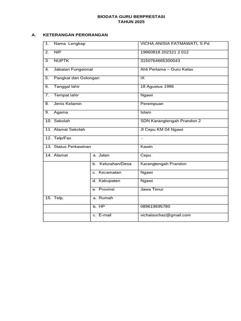 Biodata Pendidik Berprestasi | PDF