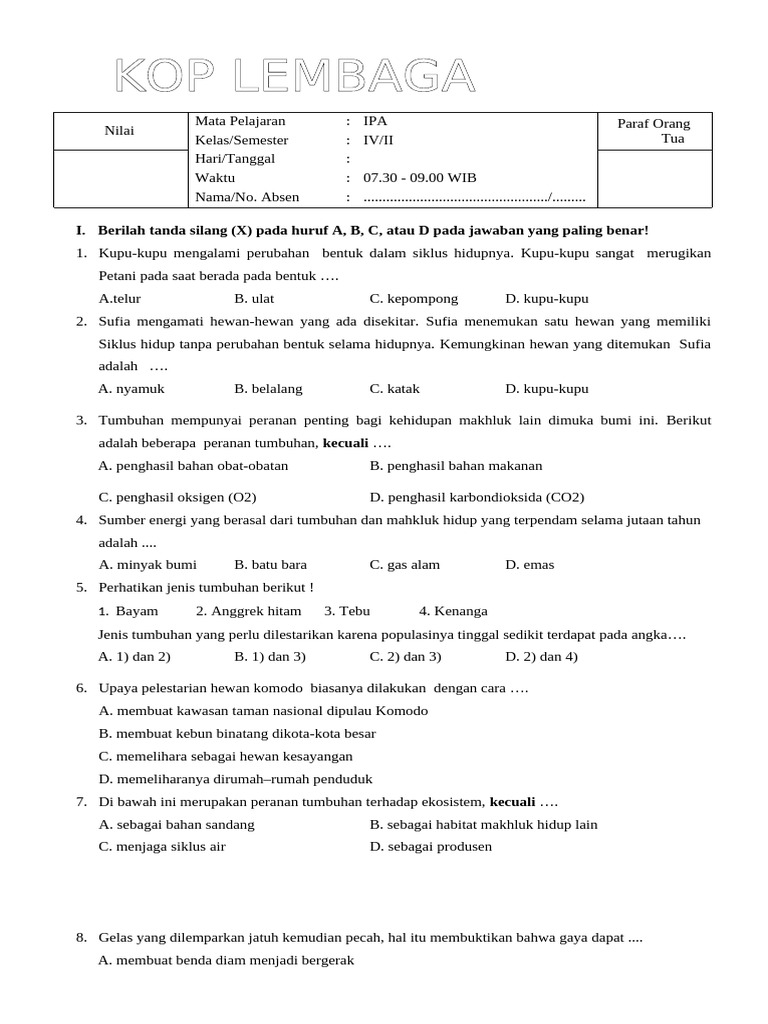 SOAL PAT IPA KELAS 4 SMT 2 2024 Bu Eka | PDF