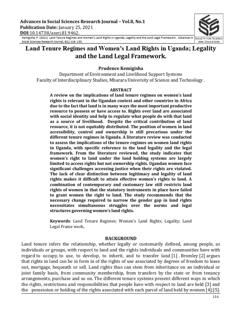 Land Tenure Regimes and Womens Land Rights in Uganda-Legality and the ...