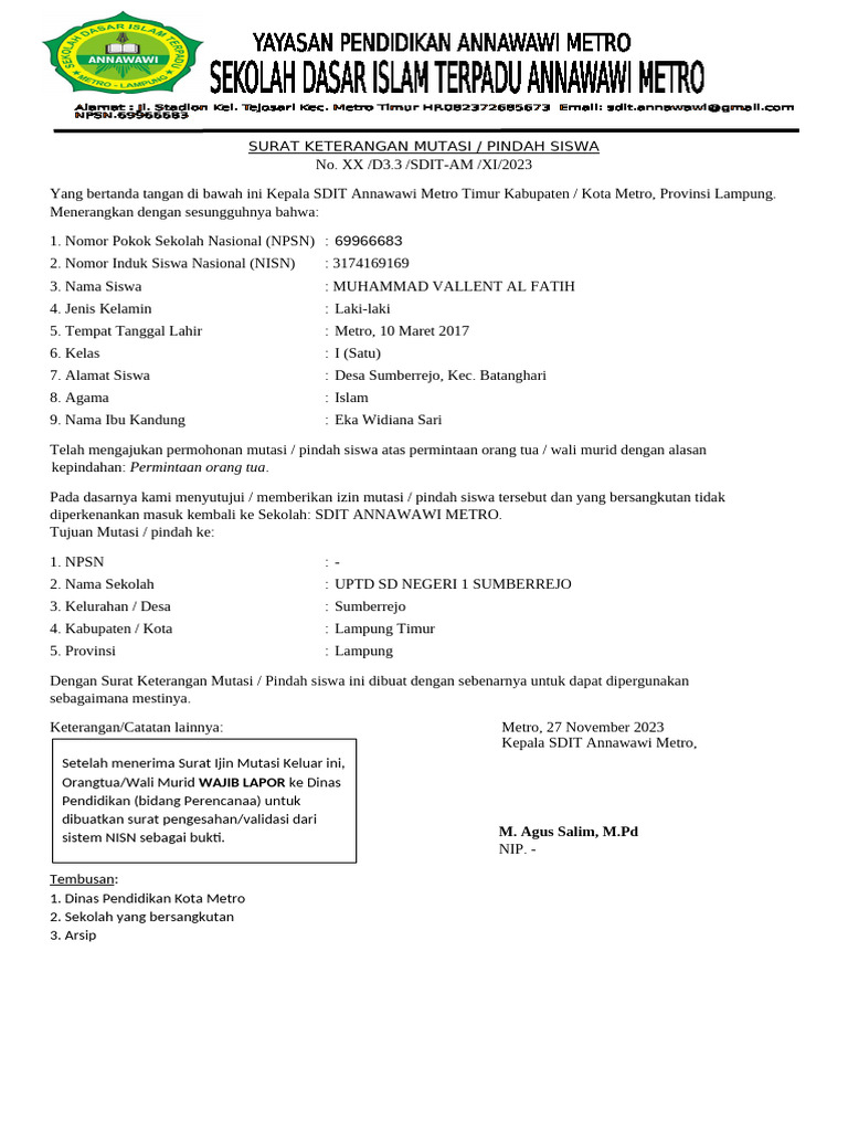 Surat Keterangan Mutasi | PDF