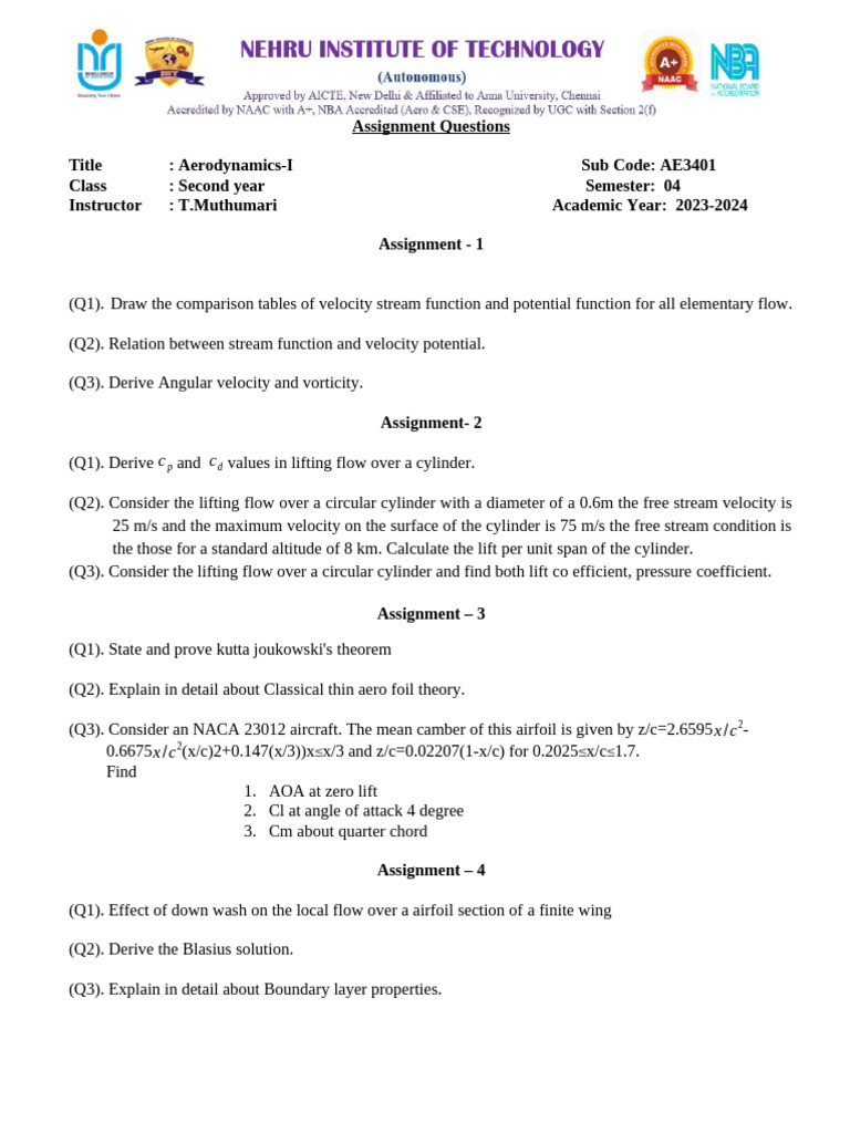 15.AD-I-Assignment Questions Mapped With CO PO | PDF | Lift (Force) | Applied And ...