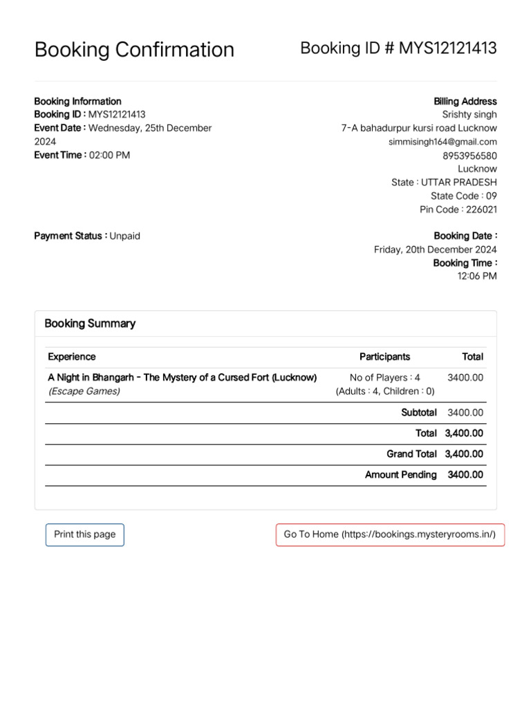 Mystery Rooms - Booking Confirmation | PDF