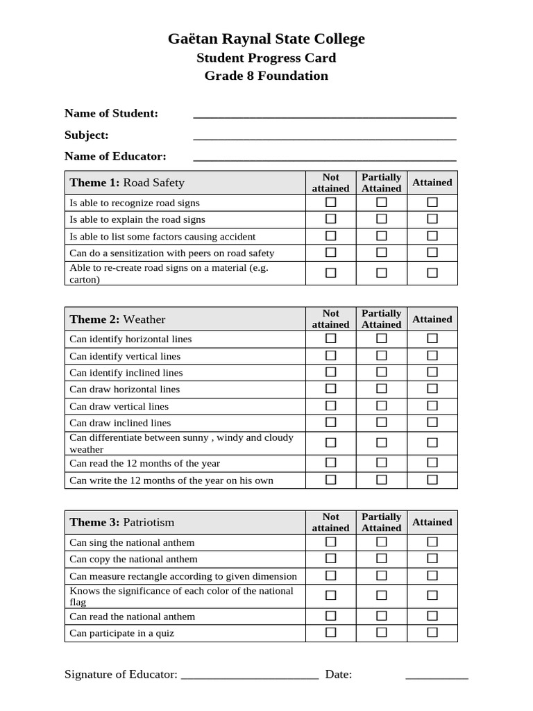 Grade 8 Student Progress Card | PDF
