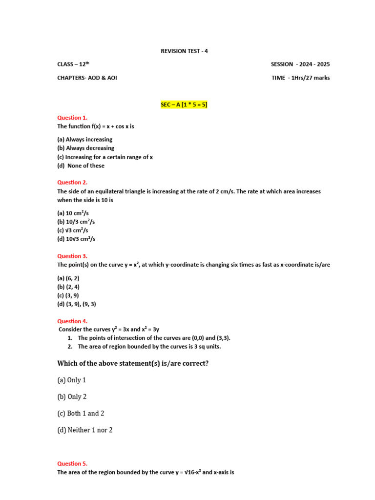 REVISION TEST Class 12, AOD and AOI in PDF | PDF | Area | Mathematical ...