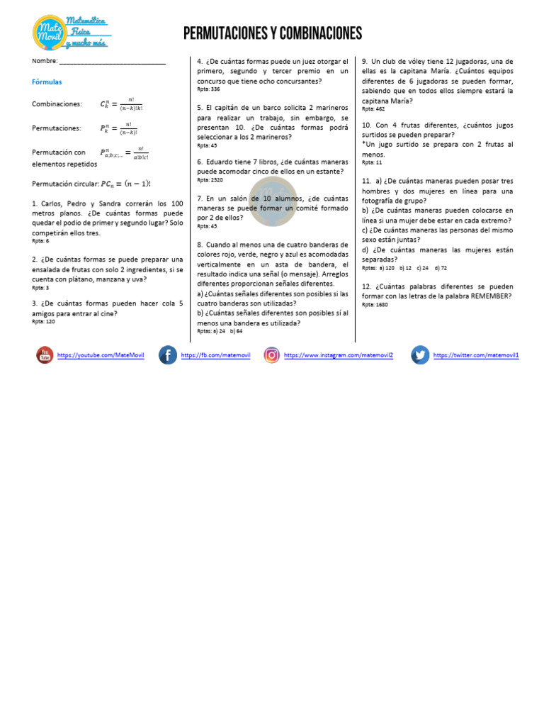 Permutaciones y Combinaciones Ejercicios Resueltos PDF | PDF