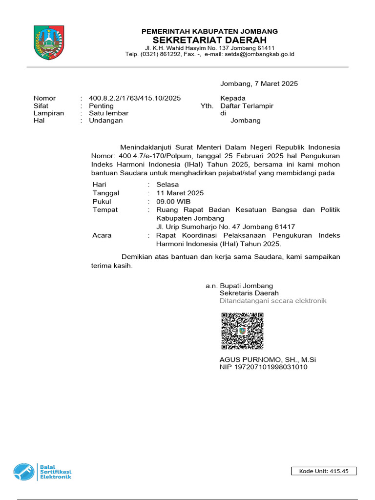 20250314230427Undangan Rakor Pengukuran Indeks Harmoni Indonesia | PDF