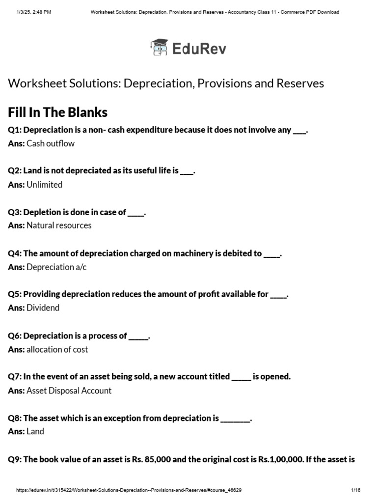 Worksheet Solutions - Depreciation, Provisions and Reserves ...