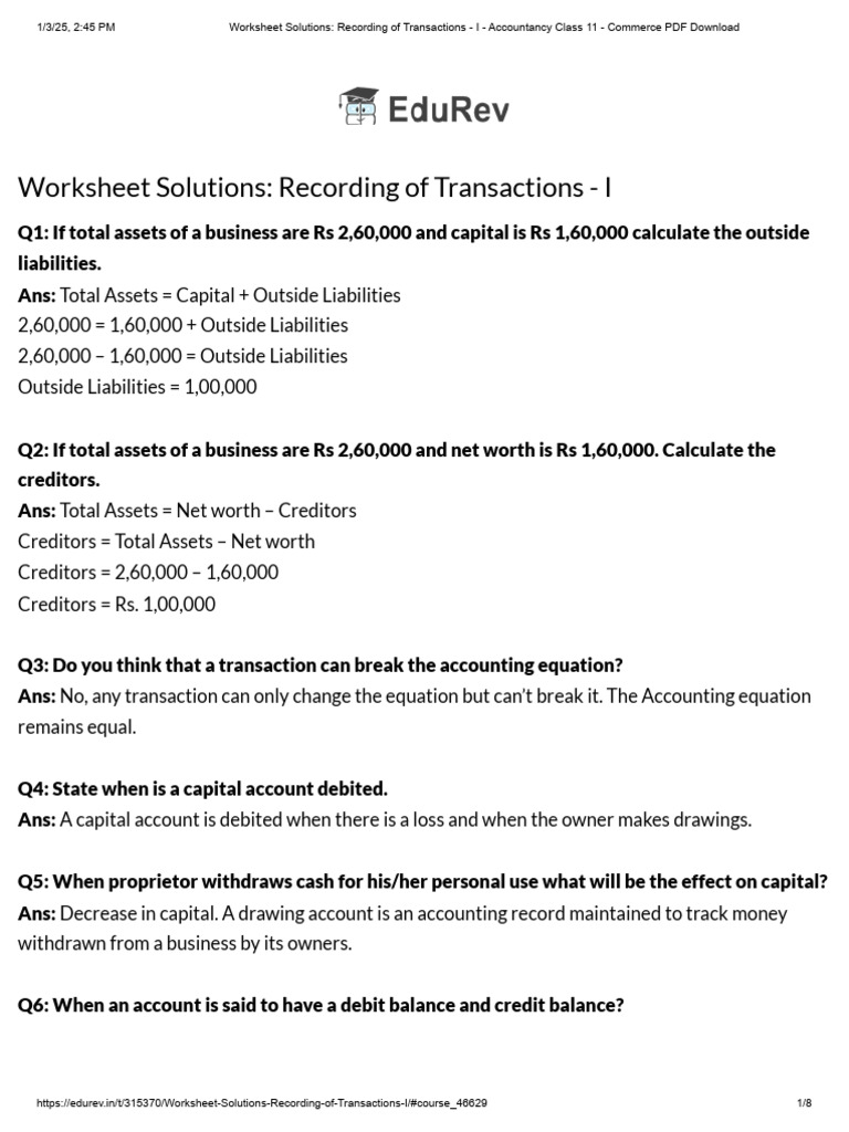Worksheet Solutions - Recording of Transactions - I - Accountancy Class ...