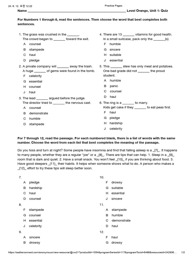 Sadlier Connect™ - Practice Quiz (Printable) | PDF | Animal Physiology ...
