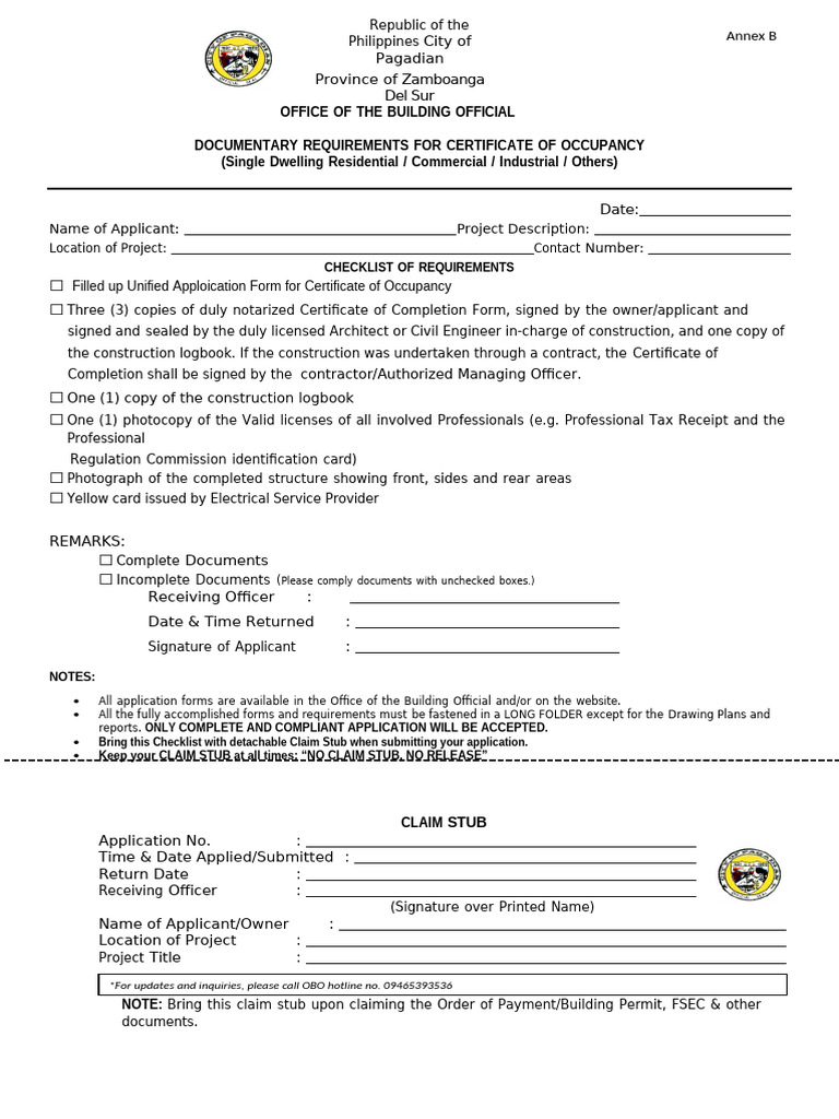 Documentary Requirements For Certificate of Occupancy With Claim Stub | PDF