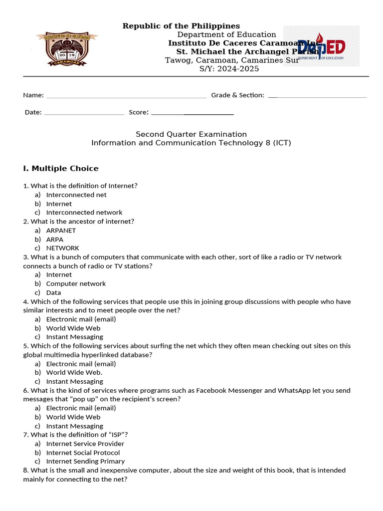 Grade 8 ICT Second Quarter Exam | PDF | Internet | Computer Network